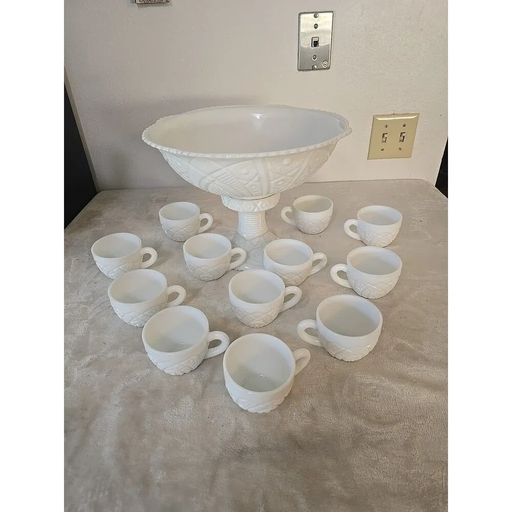 Mckee | Dining | Rare Vintage Mckee Milk Glass Pedestal Punch Bowl Set ...